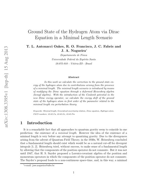 Pdf Ground State Of The Hydrogen Atom Via Dirac Equation In A Minimal Length Scenario