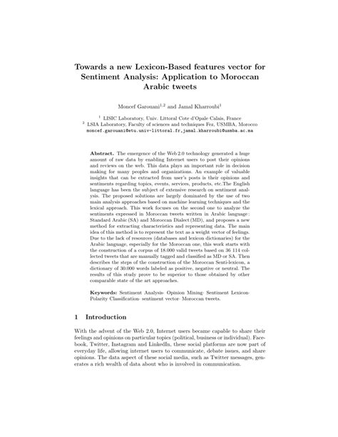 Pdf Towards A New Lexicon Based Features Vector For Sentiment Analysis Application To