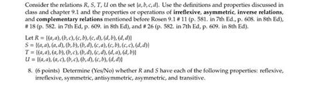 solved consider the relations r s t u on the set {a b c d}
