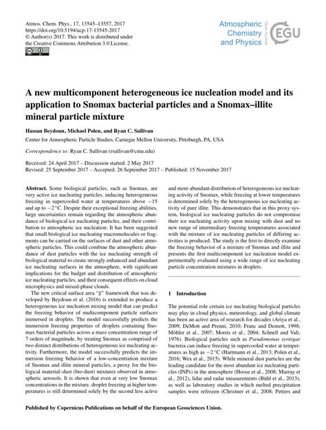 Pdf A New Multicomponent Heterogeneous Ice Nucleation Model And Its Application To Snomax