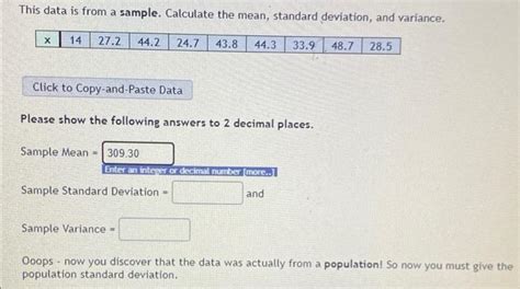 solved this data is from a sample calculate the mean standard