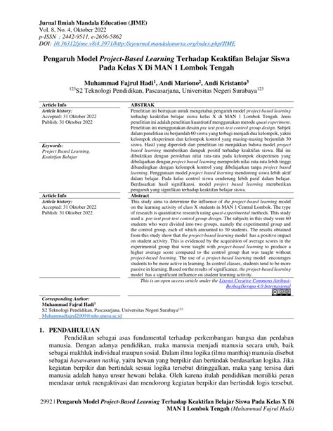 Pdf Pengaruh Model Project Based Learning Terhadap Keaktifan Belajar Siswa Pada Kelas X Di Man