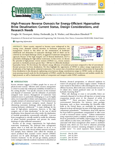 Pdf High Pressure Reverse Osmosis For Energy Efficient Hypersaline Brine Desalination Current