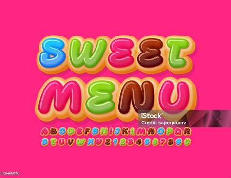 벡터 맛있는 템플릿 달콤한 메뉴 다채로운 도넛 알파벳 문자와 숫자 귀여운에 대한 스톡 벡터 아트 및 기타 이미지 귀여운 그래픽 프린트 다중 색상 Istock