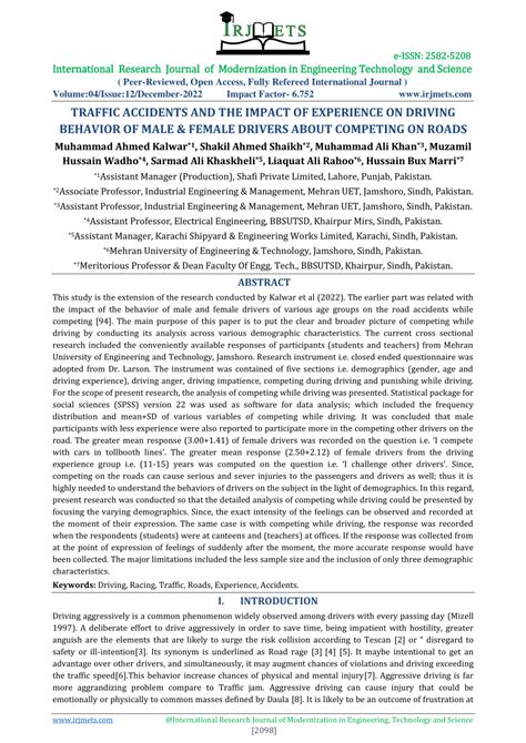 PDF Traffic Accidents And The Impact Of Experience On Driving Behavior Of Male Female