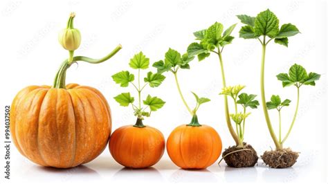 Sequence Of Pumpkin Plant Growth Stages Isolated On White Background