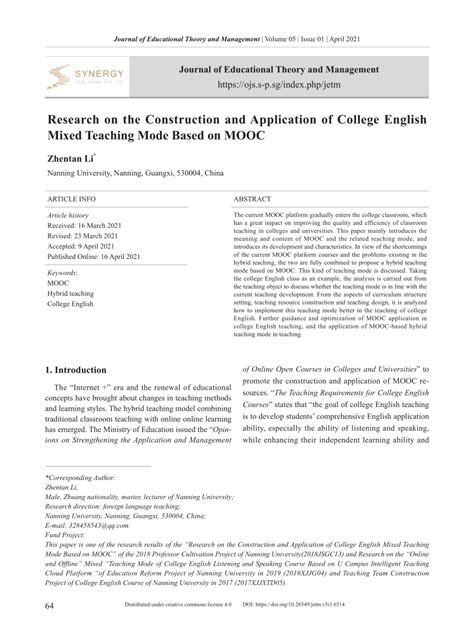 Pdf Research On The Construction And Application Of College English Mixed Teaching Mode Based