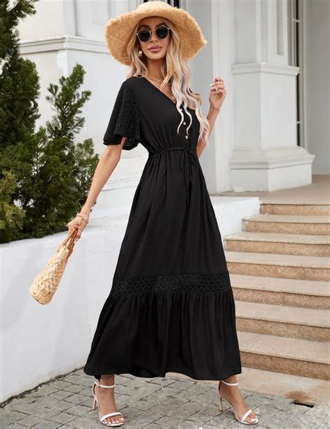 Zomerjurk Dames Maxi Jurk Korte Mouw Casual V Hals Boho Lange Jurk Zwart L Bol