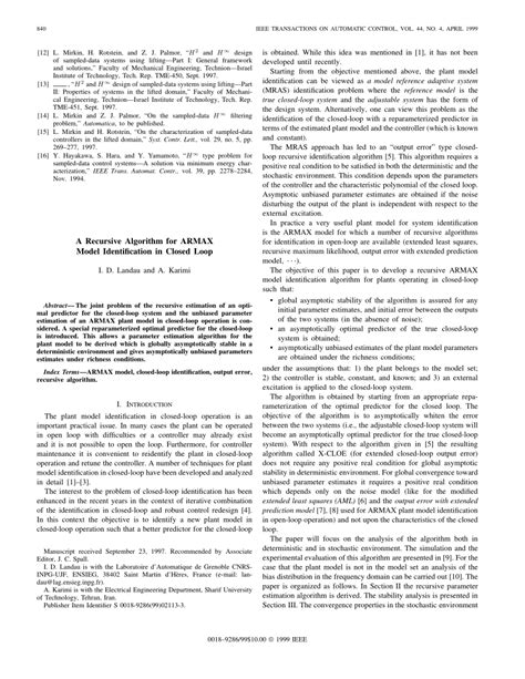 Pdf A Recursive Algorithm For Armax Model Identification In Closed Loop