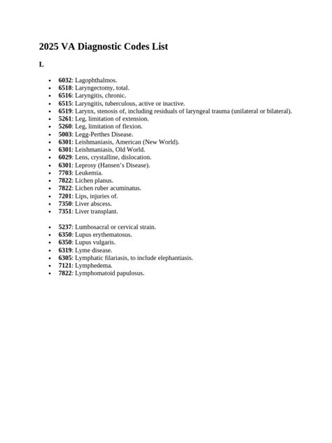 2025 Va Diagnostic Codes List L Pdf