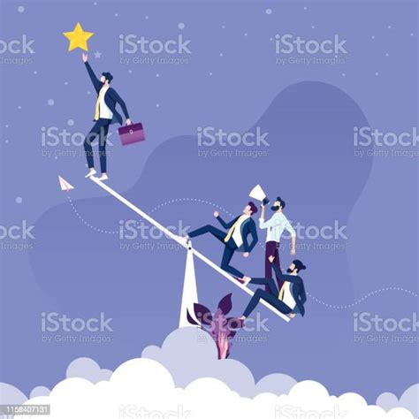 사업가는 별을 얻기 위해 시소를 사용합니다 팀워크 컨셉 시소에 대한 스톡 벡터 아트 및 기타 이미지 시소 개념 경영자 Istock