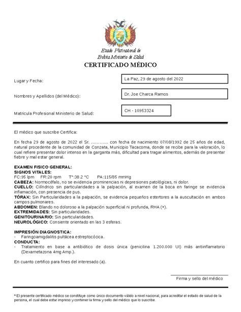 Certificado Médico Modelo Para Valorar Estado De Salud En Bolivia Studocu