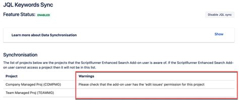 JQL Sync Status And Add On User Permissions