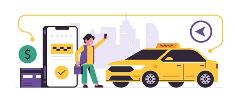 택시 주문 서비스 모바일 응용 프로그램 개념 디스플레이에 택시를 주문하기 위한 응용 프로그램이 있는 전화 자동차로 사람들의 교통 도시 택시 서비스 노란색 자동차 카드 평면