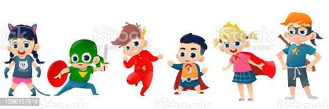고립 된 아이 슈퍼 히어로의 세트 흰색 배경에 고립 된 다른 슈퍼 히어로 의상을 입은 만화 소년과 소녀 슈퍼 히어로 의상 세트 벡터 일러스트레이션 Carnival에 대한