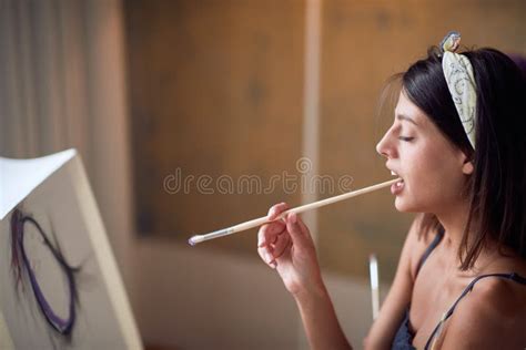 Young Girl Painter Passionate About Her Work Stock Image Image Of