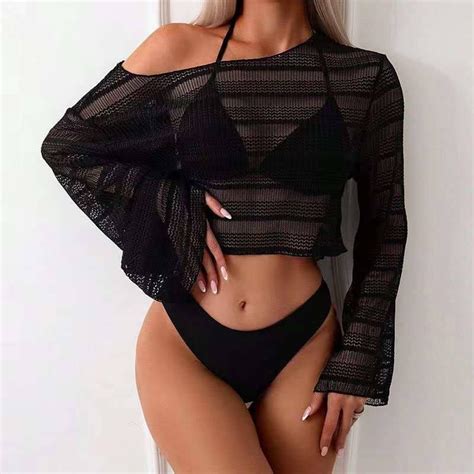 Стильний купальник бікіні з короткою тунікою кофтою із сітки Id 2110262399 ціна 799