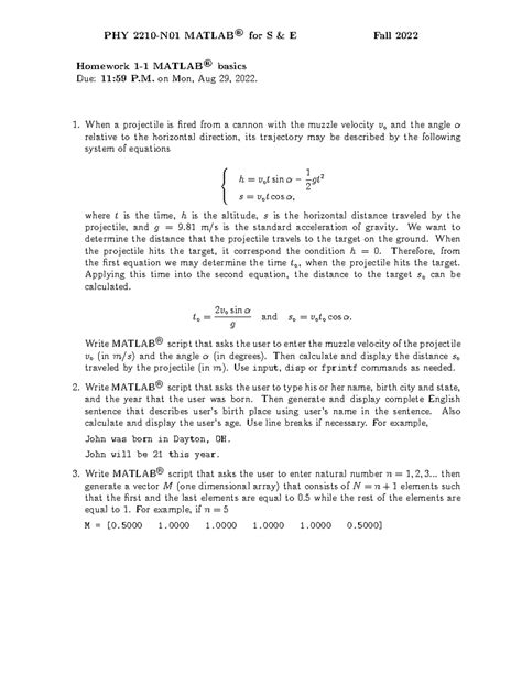 phy 2210 matlab homework 1 1 phy 2210 n01 matlab ©r for s and e fall