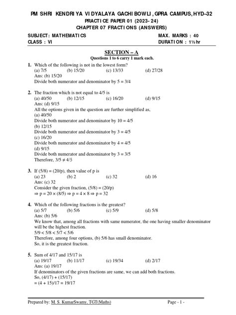 maths class vi practice test 01 chapter 07 fractions answers download free pdf mathematical