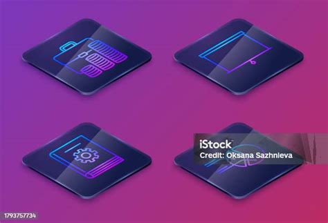 아이소 메트릭 라인 서류 가방 및 동전 사용 설명서 칠판 및 파이 차트 인포 그래픽을 설정합니다 파란색 사각형 버튼입니다 벡터