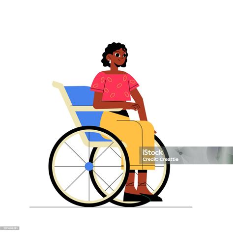 접근성 포용성 및 권한을 상징하는 평면 벡터 일러스트 레이 션에서 생생한 옷을 입고 휠체어에 웃는 여자 흰색 배경에 고립 된