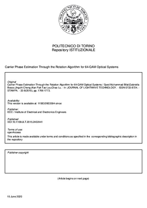 Pdf Carrier Phase Estimation Through The Rotation Algorithm For 64 Qam Optical Systems Syed