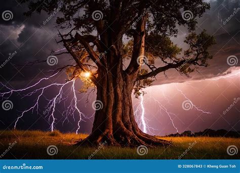 Tree Struck By Lightning In Violent Thunder Storm Stock Illustration