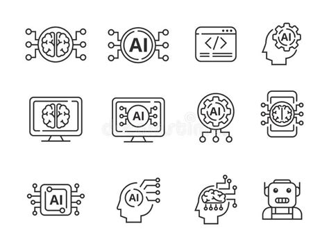 Set Of Artificial Intelligence Icons With Linear Style And Black Color Stock Vector