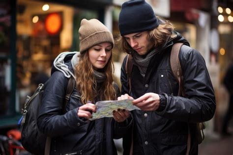 Premium Photo Tourists Checking On A Map Couple Navigating With Map Ai Generated