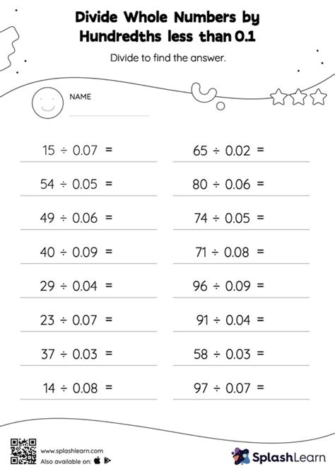Divide Whole Numbers By Hundredths Less Than 0 1 With Remainder Horizontal Division Worksheet