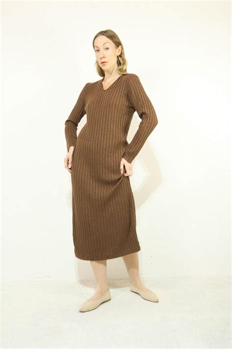 1980s French Knit Sweater Dress Vintage Brown V Neck Maxi Etsy