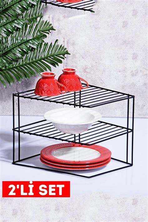 Kitchen Store 2 Adet 3 Katlı Tabaklık Siyah Dolap Içi Tabak Mutfak Ve Tezgah Düzenleyici Raf