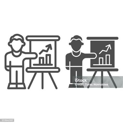 프레젠테이션 선 및 단색 아이콘입니다 사람이 간판 기호에 다이어그램을 제시 흰색 배경에 윤곽 스타일 그림 모바일 개념 및 웹 디자인에 대한 교육 또는 교육 기호입니다 벡터