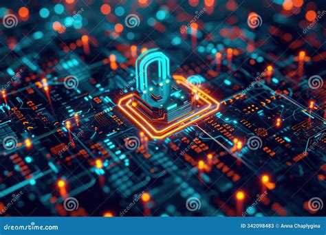 Cybersecurity Concept With Glowing Lock On Circuit Board In Futuristic