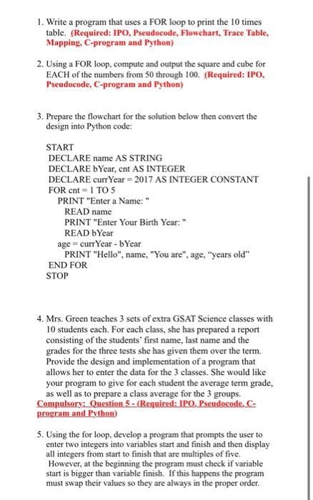 Solved Write A Program That Uses A FOR Loop To Print The Chegg Com