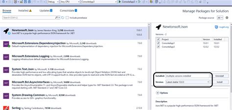 Visual Studio Meaning Of Installed And Version Columns In Nuget Manage For Solution Stack