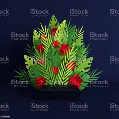 열대 종이 손바닥 몬스타 나뭇잎과 꽃 프레임 제품 프리젠 테이션을위한 연단 플랫폼 여름 열대 잎입니다 종이 접기 이국적인 정글 여름 배경입니다 용지 잘라내기 3d 렌더링 0