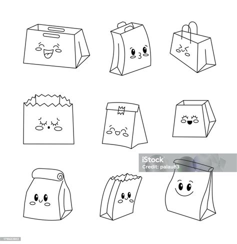 귀여운 행복한 종이 봉지입니다 색칠 공부 페이지 재미 있은 음식 제품 상자 포장 만화 쇼핑백 벡터 그리기 디자인 요소 모음입니다 0명에 대한 스톡 벡터 아트 및 기타 이미지