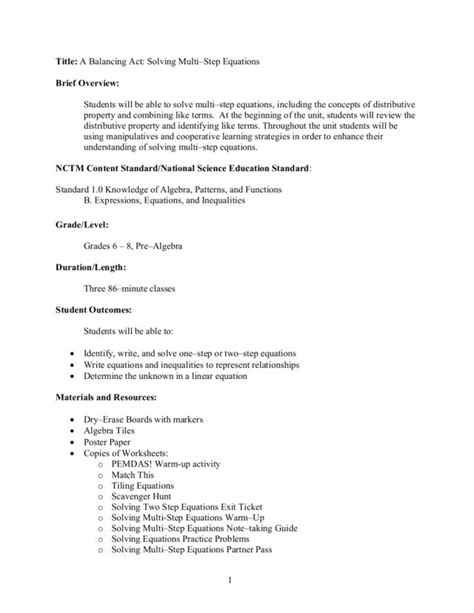 a balancing act solving multi step equations lesson plan for 6th 8th