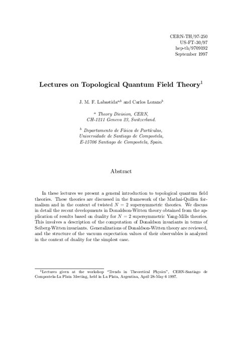 Pdf Lectures In Topological Quantum Field Theory