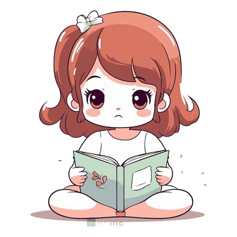 만화 스타일로 책을 읽는 귀여운 어린 소녀 프리미엄 벡터