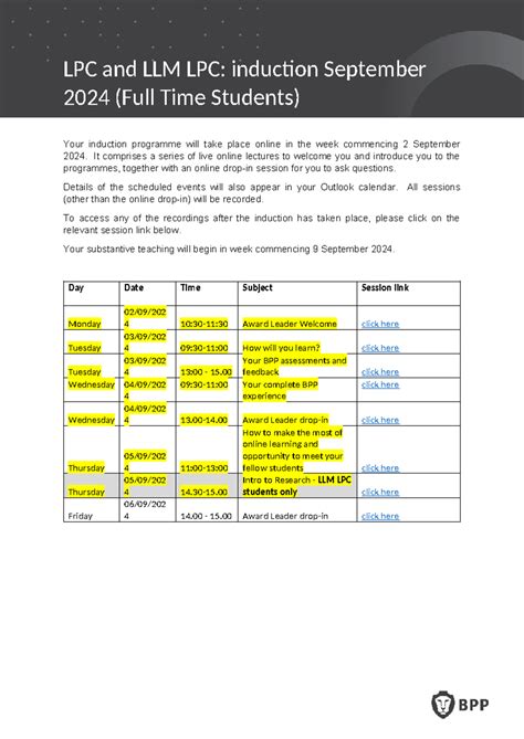 Updated Sept Induction Schedule FT LPC LLM LPC LPC And LLM LPC Induction September