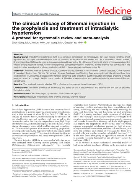 Pdf The Clinical Efficacy Of Shenmai Injection In The Prophylaxis And Treatment Of
