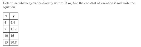 OneClass Determine Whether Y Varies Directly With X If So Find The Constant Of Variation K