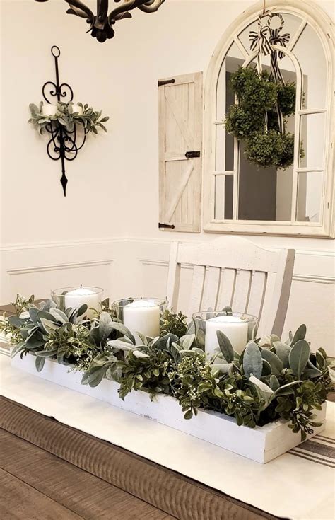 Farmhouse Dining Room Table Centerpiece With Candles And Greenery