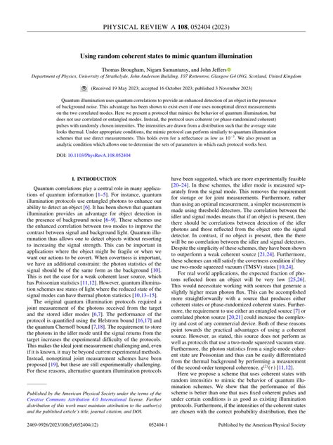 Pdf Using Random Coherent States To Mimic Quantum Illumination