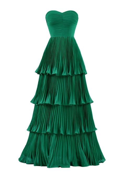 Khalani Strapless Emerald Green Ruffle Multi Layer Long Prom Dress