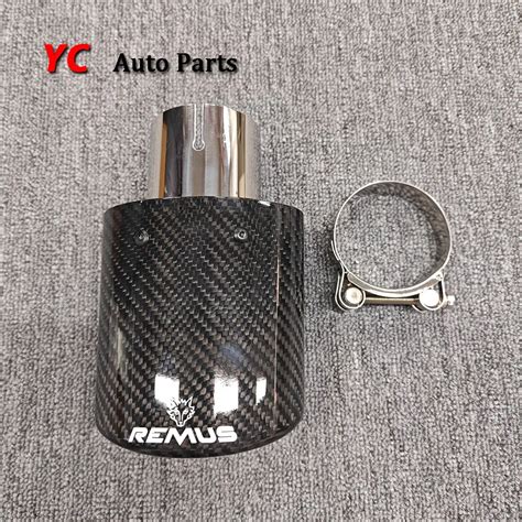 1 Piece Oval Slanted Exhaust Tip Glossy Carbon Fiber With Remus Logo
