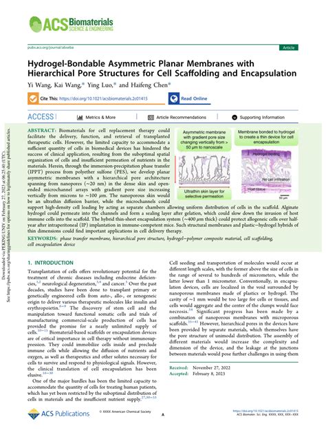 Pdf Hydrogel Bondable Asymmetric Planar Membranes With Hierarchical Pore Structures For Cell