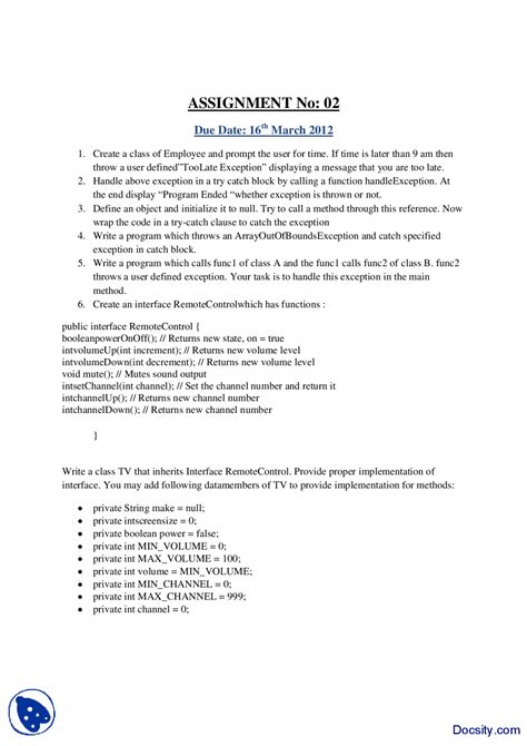 User Defined Exceptions Learning Java Language Assignment Docsity